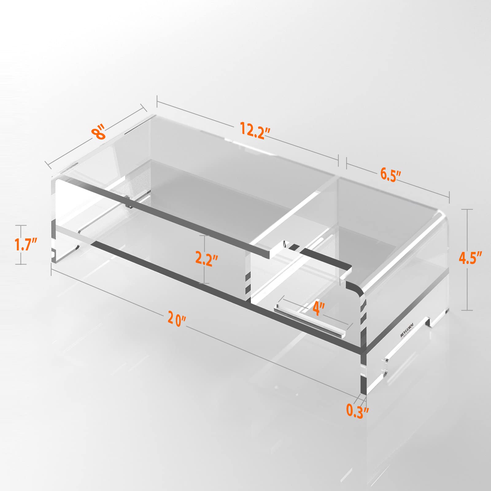 BEYGORM Acrylic Monitor Stand Riser, Wide 20", 2 Tier Computer Stand with Storage, Desk Organizer Desktop Printer Stand Laptop Storage Shelf Screen Holder with Phone Holder(Clear)