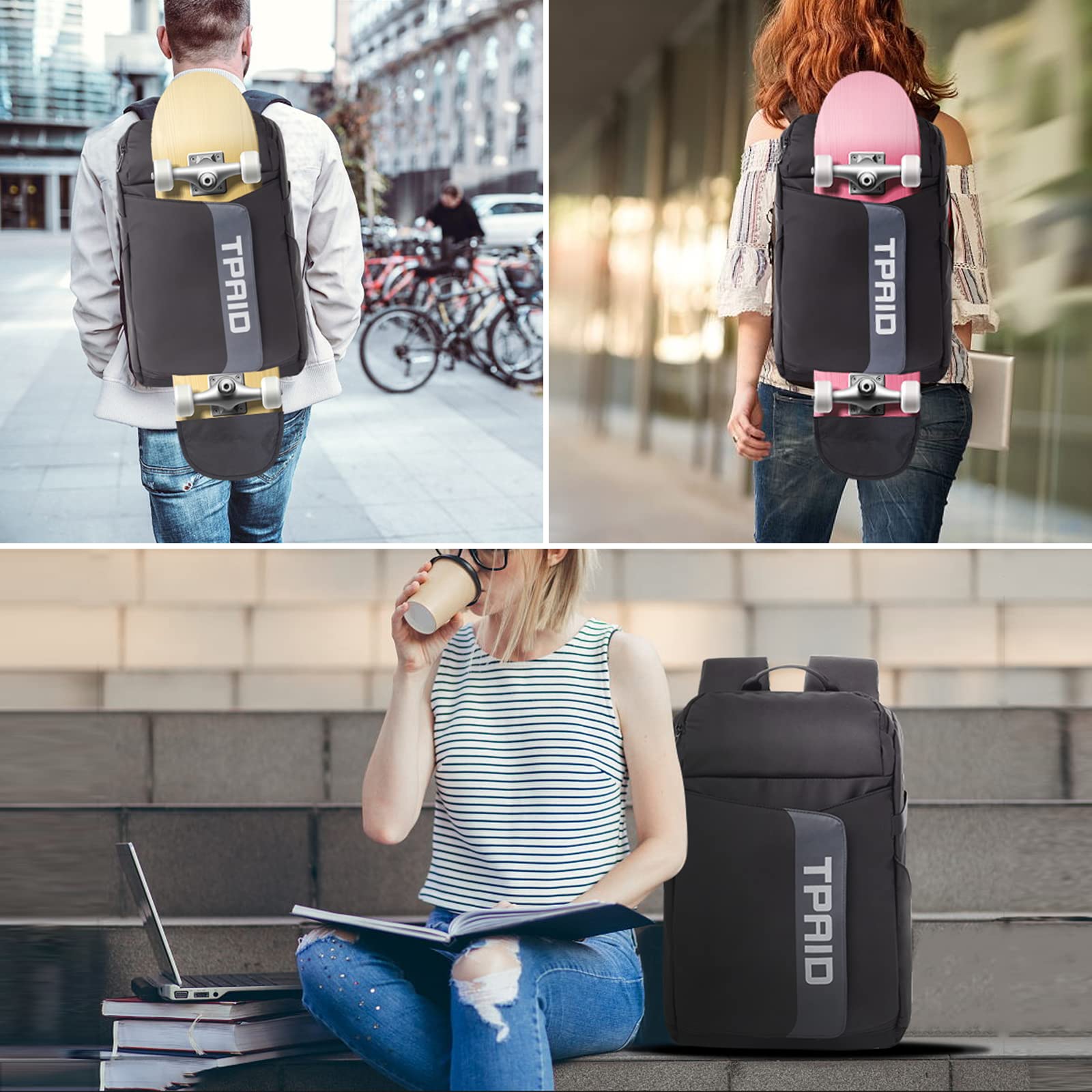 TPAID Skateboard Backpacks With Adjustable Shoulder Strap for Boys and Girls, Street Trend Skate Carry Bags