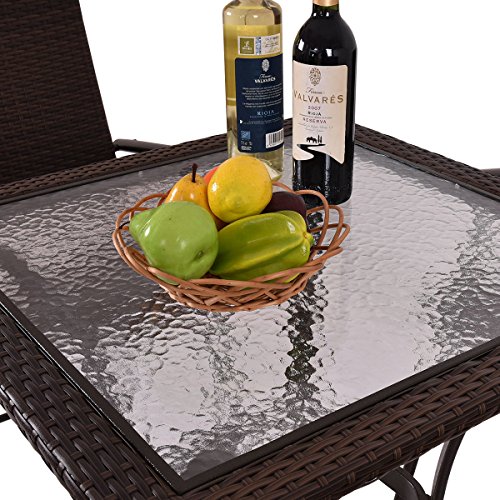 Tangkula 5 Pieces Patio Dining Set, 4 Folding Wicker Sling Chairs and Square Glass Top Table Set, with Umbrella Hole, Suitable for Apartment Balcony, Lawn, Garden and Poolside