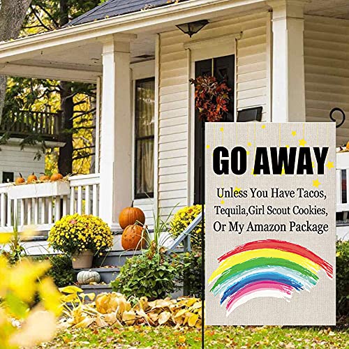 Welcome Garden Flags Double Sided Decorative House Flag Go Away Unless You Have Tacos Amazon Package Personalized Yard Flag Porch Patio Outdoor Burlap Flag Farmhouse Rustic Flags 12.5 x 18 Inch