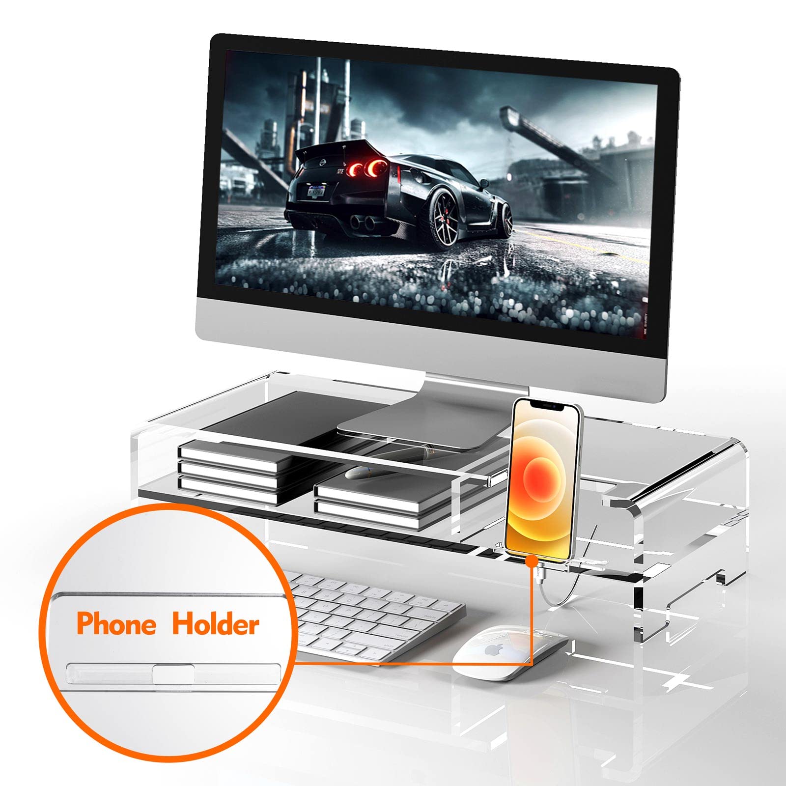 BEYGORM Acrylic Monitor Stand Riser, Wide 20", 2 Tier Computer Stand with Storage, Desk Organizer Desktop Printer Stand Laptop Storage Shelf Screen Holder with Phone Holder(Clear)