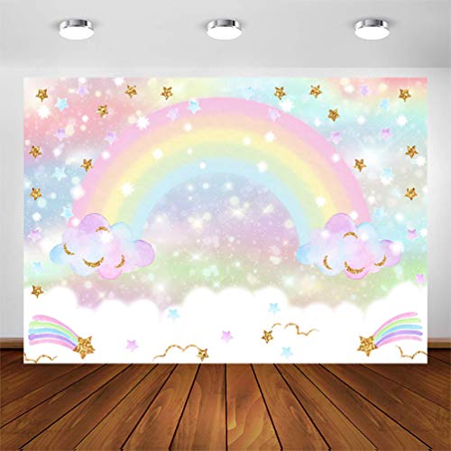 Avezano Rainbow Backdrop for Girls Birthday Party 7x5ft Glitter Star Rainbow Sky Cloud Photography Background Pastel Rainbow Party Decorations Photoshoot Backdrops