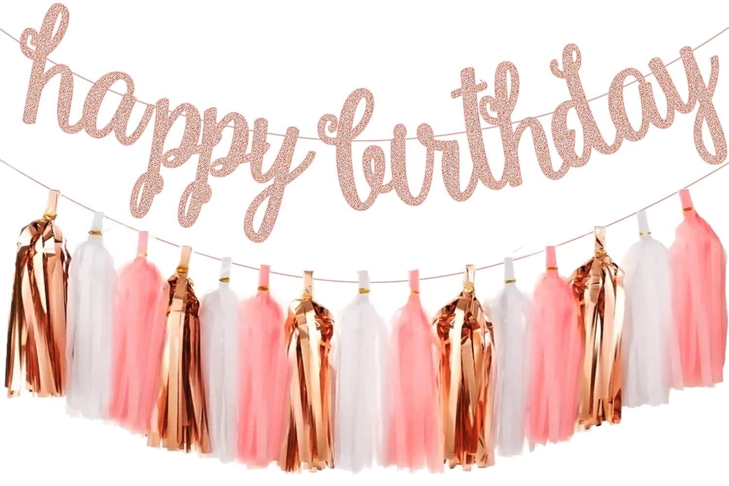 Rose Gold Birthday Decorations Rose Gold Happy Birthday Banner Tissue Paper Tassels Garland for Birthday Party Decorations Birthday Decoration for Girl Women