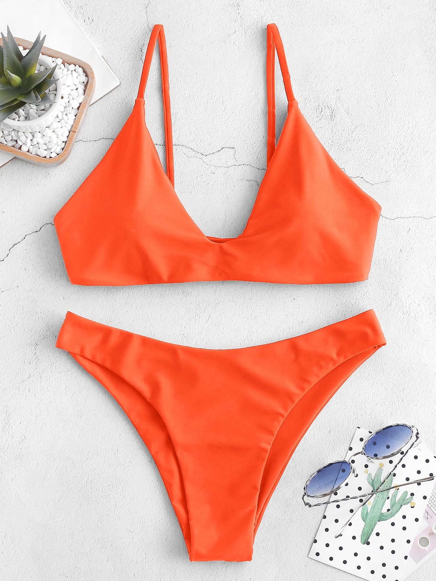 ZAFUL Women's Tie Back Padded High Cut Bralette Bikini Set Two Piece Swimsuit (1-Pumpkin Orange, M)