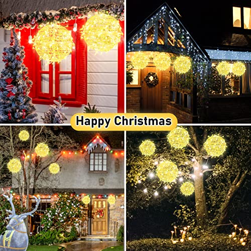 4 Pcs 16'' Christmas Outdoor Light Balls Hanging Tree Globe Lights LED Garden Tree Lights Rattan Lighted Sphere Balls Waterproof Lighted Globe Light for Tree Outdoor Indoor Party Yard Lawn Porch Decor