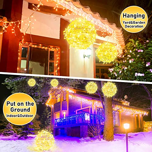 4 Pcs 16'' Christmas Outdoor Light Balls Hanging Tree Globe Lights LED Garden Tree Lights Rattan Lighted Sphere Balls Waterproof Lighted Globe Light for Tree Outdoor Indoor Party Yard Lawn Porch Decor