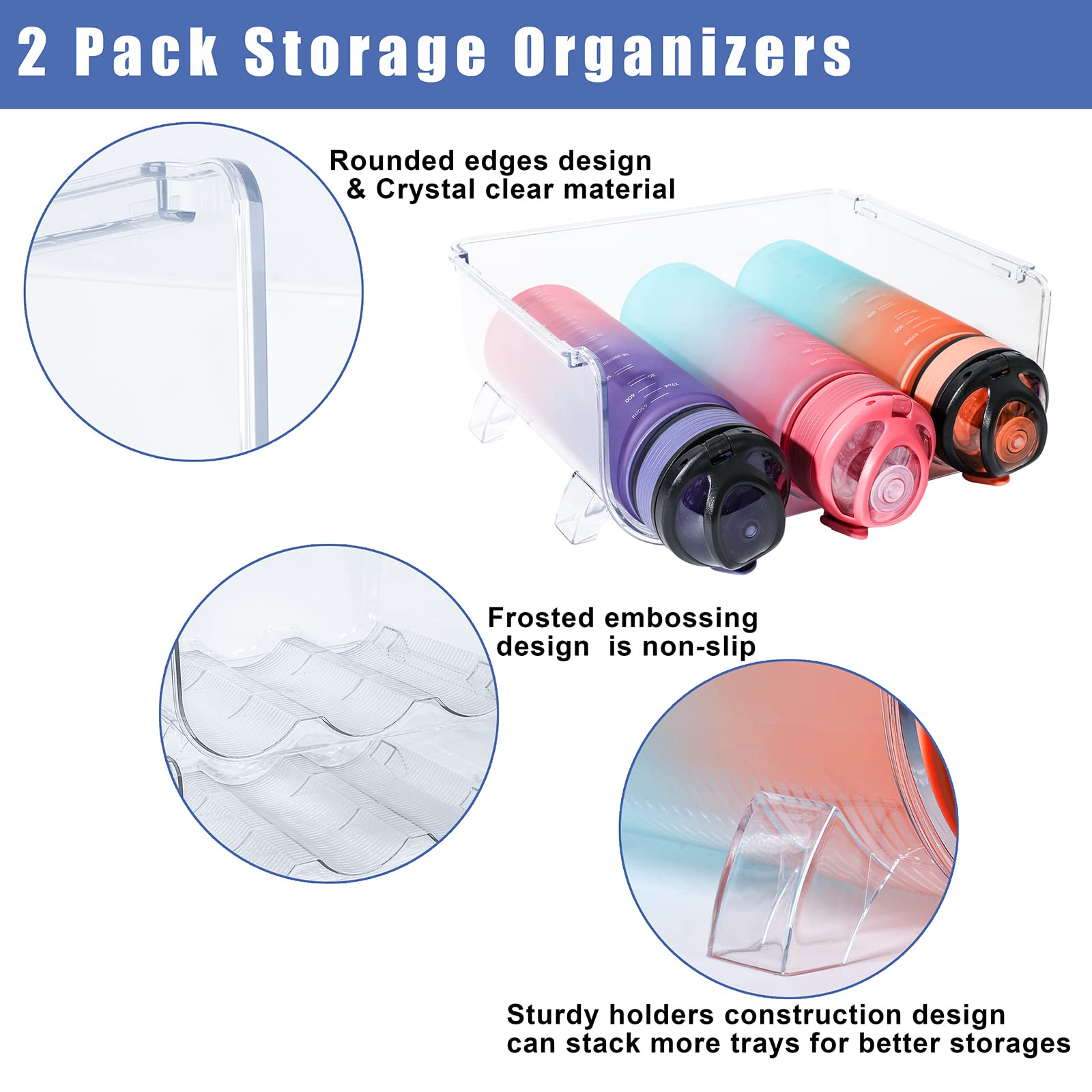 Water Bottle Organizer, Storage Holder for Kitchen Organization,Fridge, Pantry,Cabinet,Countertop,Cupboard- Plastic Cup Rack Shelf for Wine,Water,Drink- 2 Pack,Each Rack Holds 3 Containers,Clear
