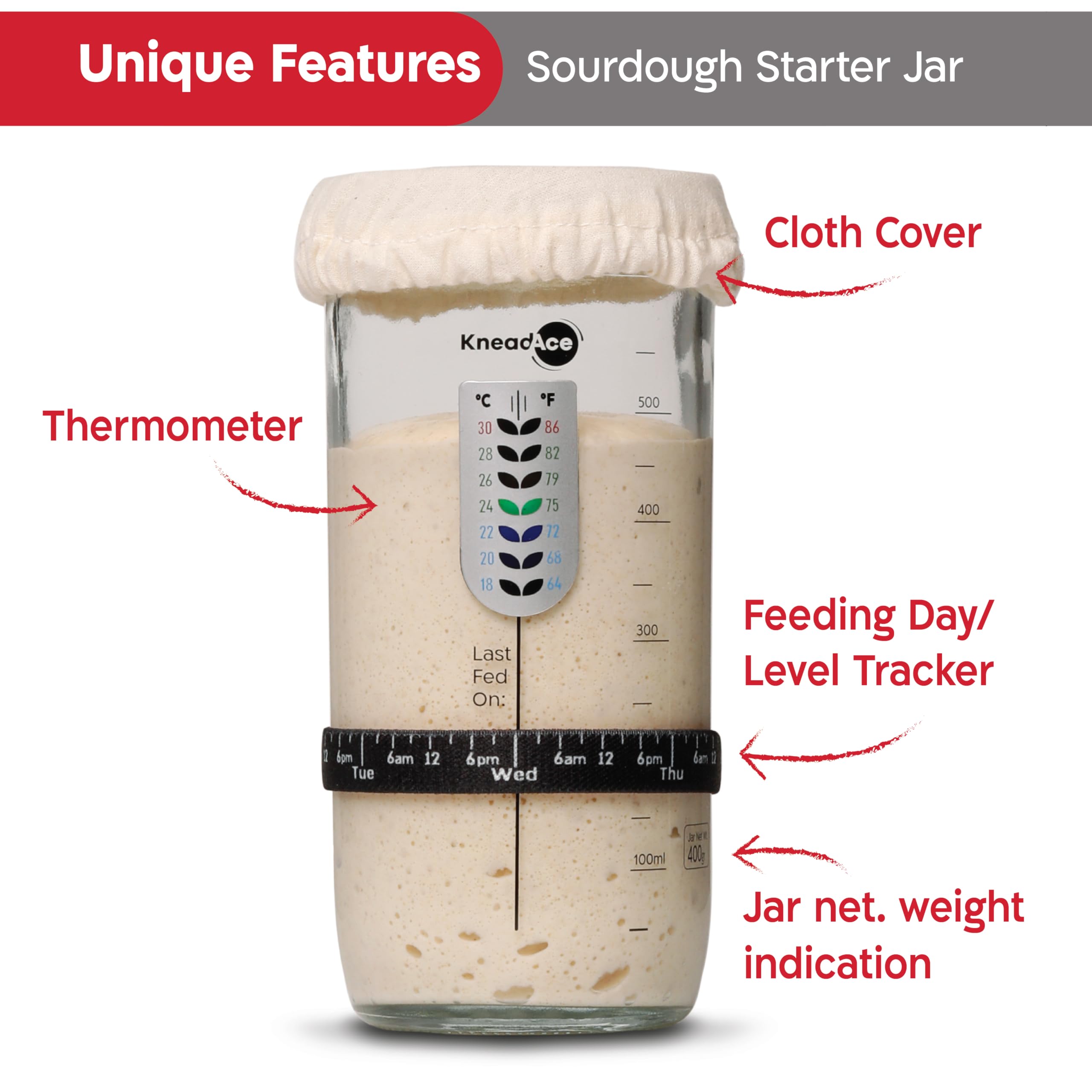 KneadAce Sourdough Starter Jar With Date Marked Feeding Band, Thermometer, Sourdough Jar Scraper, Sourdough Container Sewn Cloth Cover & Metal Lid, Sourdough Starter Kit For Sourdough Bread Baking
