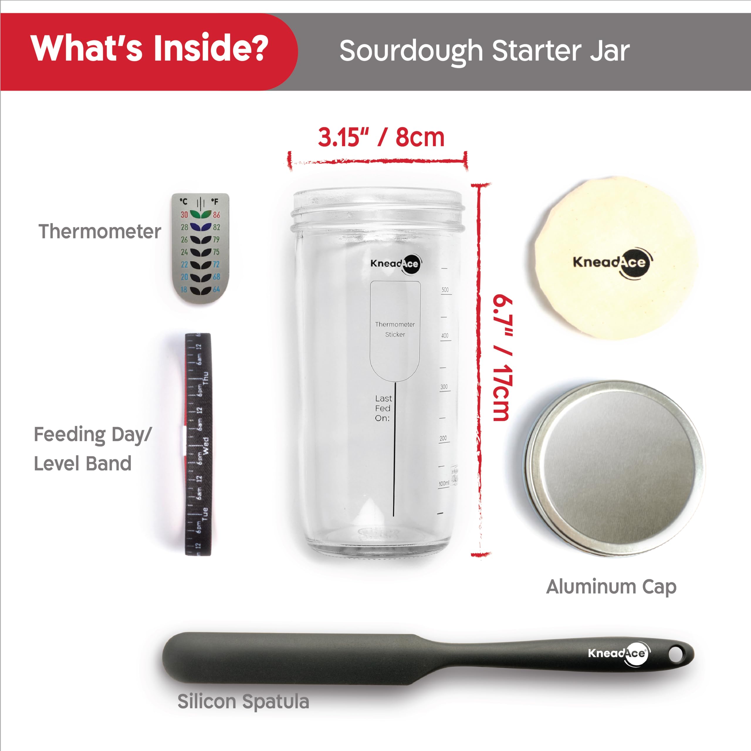 KneadAce Sourdough Starter Jar With Date Marked Feeding Band, Thermometer, Sourdough Jar Scraper, Sourdough Container Sewn Cloth Cover & Metal Lid, Sourdough Starter Kit For Sourdough Bread Baking