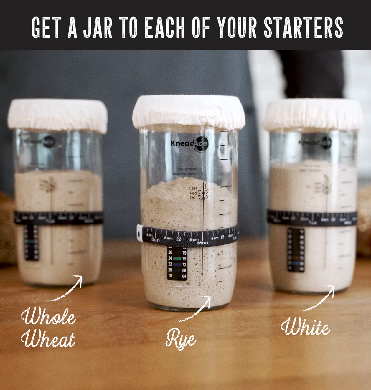 KneadAce Sourdough Starter Jar With Date Marked Feeding Band, Thermometer, Sourdough Jar Scraper, Sourdough Container Sewn Cloth Cover & Metal Lid, Sourdough Starter Kit For Sourdough Bread Baking