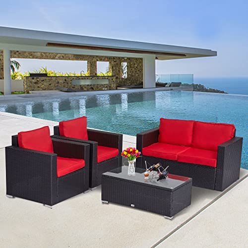 kinbor Outdoor Furniture - 4 Piece Wicker Patio Furniture Set, Outdoor Patio Conversation Furniture Sets, Outdoor Patio Sectional Sofa Couch for Deck Balcony Yard Poolside, Red