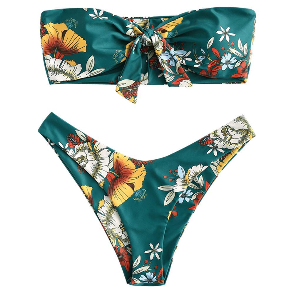 ZAFUL Knotted Bandeau Bikini for Women Strapless Swimsuits High Cut Bathing Suit Sexy 2 Piece Swimwear Green Floral S