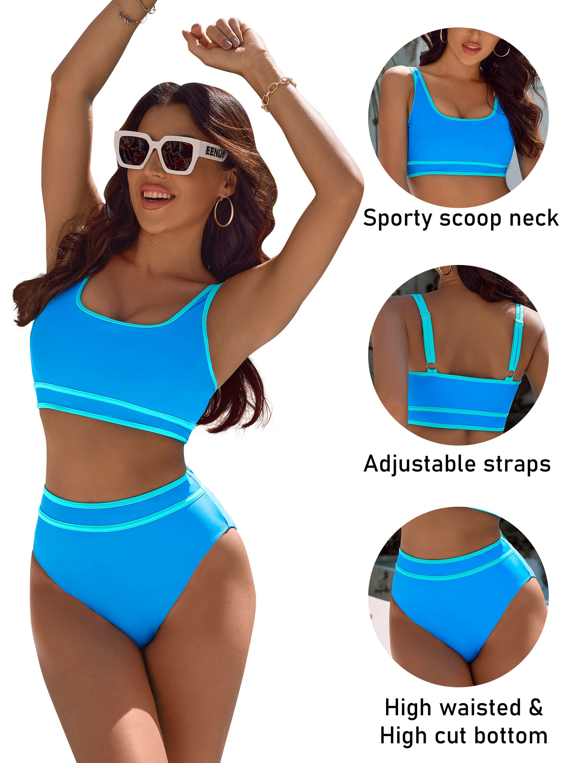 BMJL Women's High Waisted Bikini Sets Sporty Two Piece Swimsuits Color Block Cheeky High Cut Bathing Suits(S,Blue)
