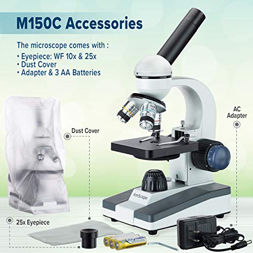 AmScope M150C-PS25 Compound Monocular Microscope, WF10x and WF25x Eyepieces, 40x-1000x Magnification, LED Illumination, Brightfield, Single-Lens Condenser, Coaxial Coarse and Fine Focus, Plain Stage, 110V, Includes Set of 25 Prepared Slides