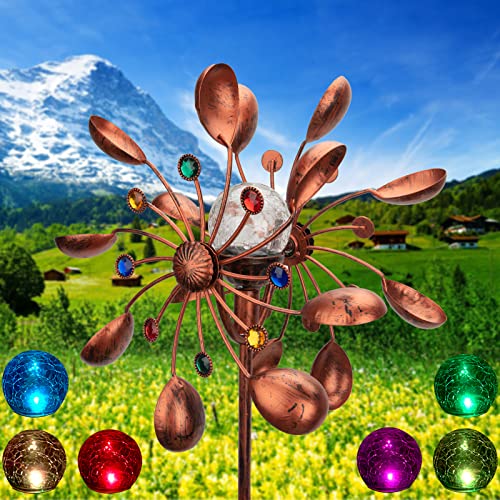 Solar Wind Spinner, Multi-Color LED Lights Easy Spinning Kinetic Metal Garden Decorations with Kinetic Wind Spinner Dual Direction for Outdoor Yard Lawn & Garden,75 Inch with Stake (Bronze)