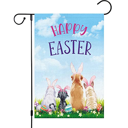 Happy Easter Garden Flag 12x18 Double Sided Vertical, Burlap Small Cat Dog with Rabbit Ear Easter Flag Sign Welcome Spring Outdoor Outside Decorations (ONLY FLAG)