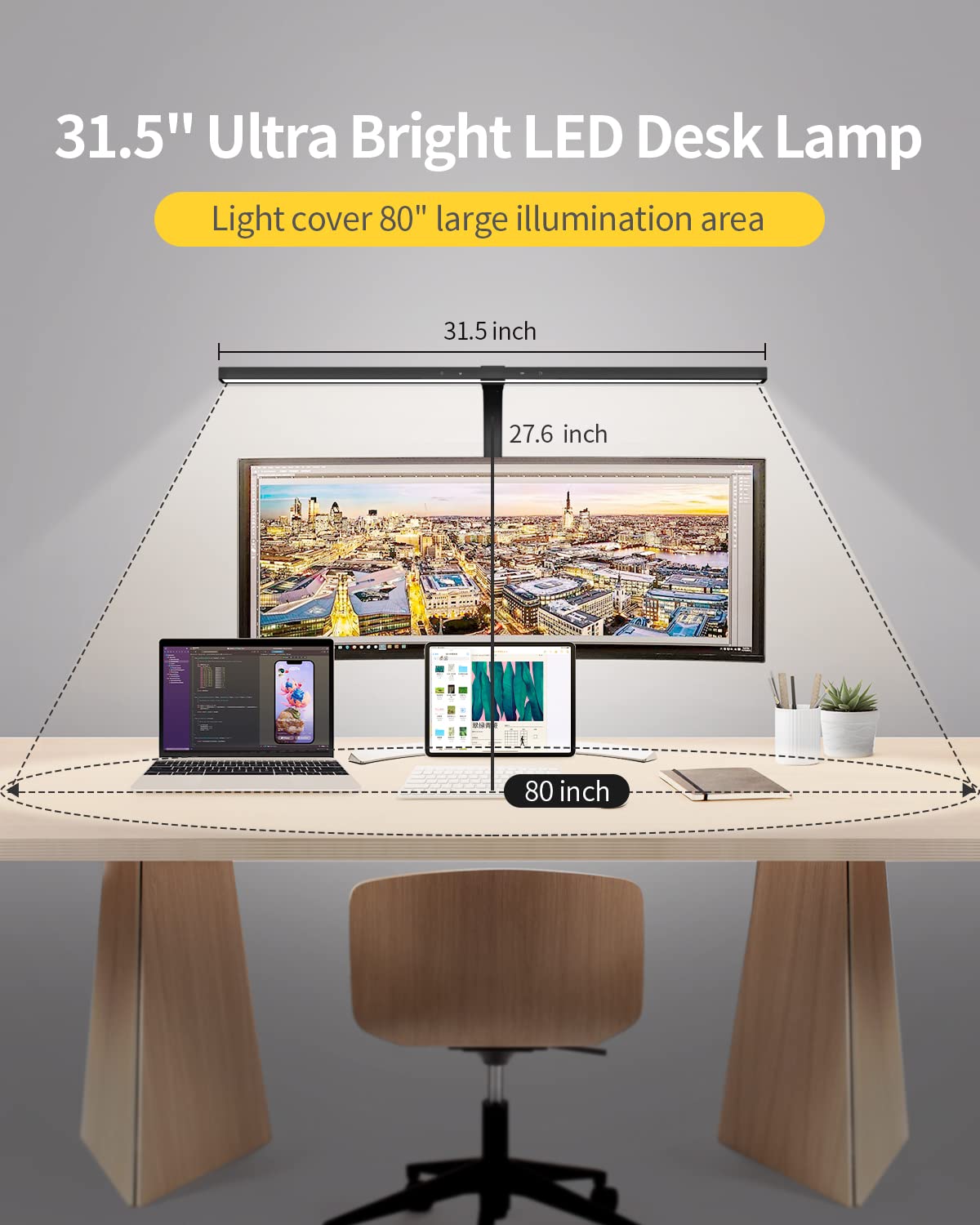Desk Lamps for Home Office, 24W Extra Bright Architect Desk Lamp with Clamp, 31.5" Wide Modern Black Desk Lights with Auto Dimming Memory Function, Stepless Dimming task lamp for Workbench Monitor