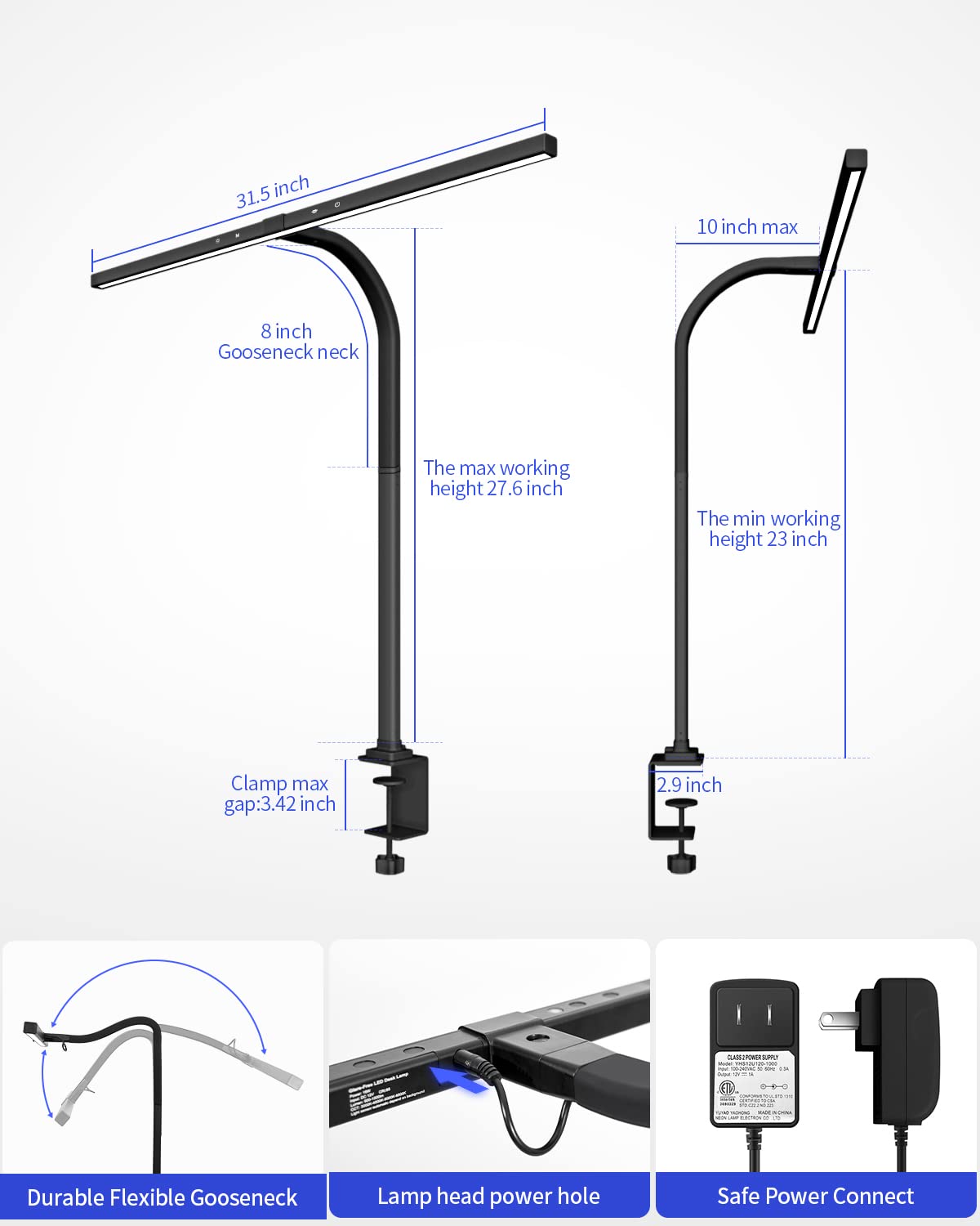 Desk Lamps for Home Office, 24W Extra Bright Architect Desk Lamp with Clamp, 31.5" Wide Modern Black Desk Lights with Auto Dimming Memory Function, Stepless Dimming task lamp for Workbench Monitor