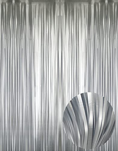 GOER 3.2 ft x 9.8 ft Metallic Tinsel Foil Fringe Curtains Party Photo Backdrop Party Streamers for Birthday,Graduation,New Year Eve Decorations Wedding Decor (1 Pack,Matte Silver)