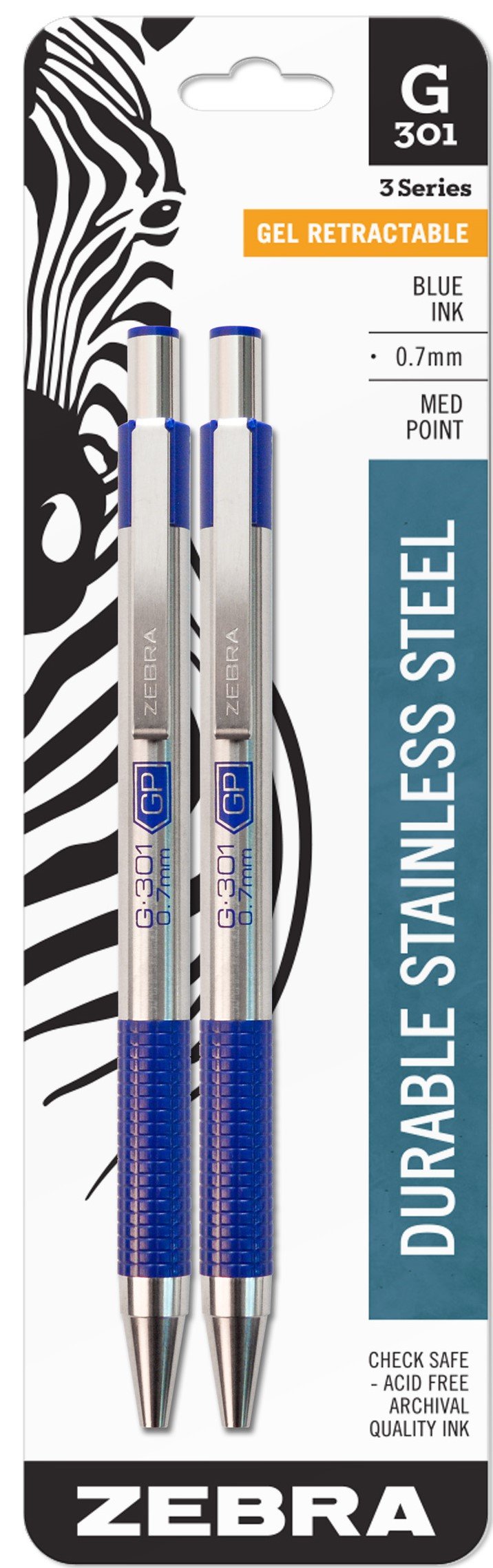 Zebra Pen G-301 Stainless Steel Retractable Gel Pen, Medium Point, 0.7mm, Blue Ink, 2-Count, 2 Pack (41322)