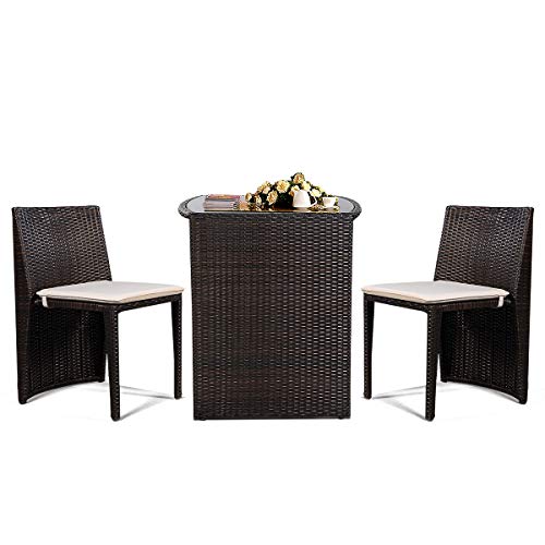 HAPPYGRILL 3PCS Patio Wicker Bistro Set Outdoor Rattan Dining Set Patio Furniture Set with Cushions, Space Saving Design, No Assembly Required