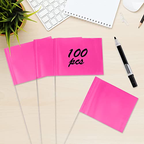 IKAYAS 100 Pack Marking Flags Marker Flags for Lawn 4 * 5 Inch Pink PVC Small Yard Flags Stake Flags on 15 inch Steel Wire, Lawn Flags, Yard Flags, Garden Flags