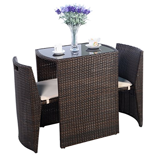 HAPPYGRILL 3PCS Patio Wicker Bistro Set Outdoor Rattan Dining Set Patio Furniture Set with Cushions, Space Saving Design, No Assembly Required