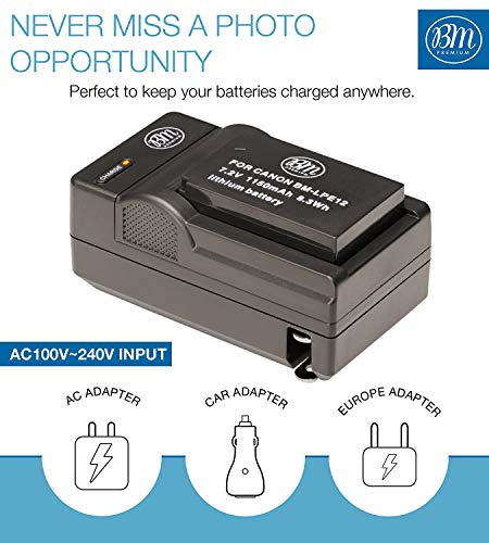 BM Premium 2-Pack of LP-E12 Batteries and Charger for Canon EOS-M, EOS M2, EOS M10, EOS M50, EOS M50 II, EOS M100, EOS M200, SX70 HS, Rebel SL1 Camera