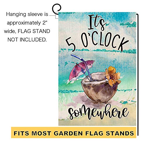 BLKWHT Summer Beach Garden Flag It's 5 O'Clock Somewhere Vertical Double Sided Tropical Fruit Coconut Burlap Yard Outdoor Decor 12.5 x 18 Inches A2152