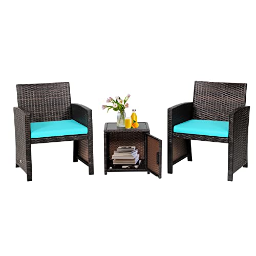 Tangkula 3 Pieces Outdoor Wicker Bistro Set with Waterproof Cover, 2 Patio PE Rattan Cushioned Chairs with Side Storage Table, Suitable for Front Porch, Balcony, Garden, Poolside and Yard (Turquoise)