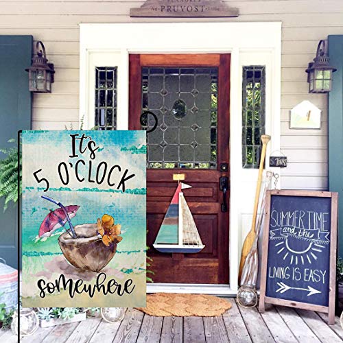 BLKWHT Summer Beach Garden Flag It's 5 O'Clock Somewhere Vertical Double Sided Tropical Fruit Coconut Burlap Yard Outdoor Decor 12.5 x 18 Inches A2152