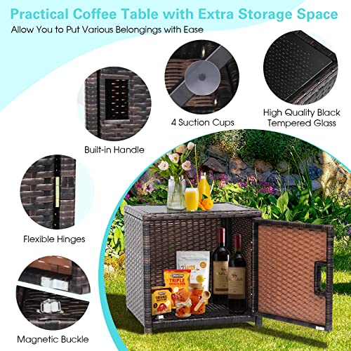 Tangkula 3 Pieces Outdoor Wicker Bistro Set with Waterproof Cover, 2 Patio PE Rattan Cushioned Chairs with Side Storage Table, Suitable for Front Porch, Balcony, Garden, Poolside and Yard (Turquoise)