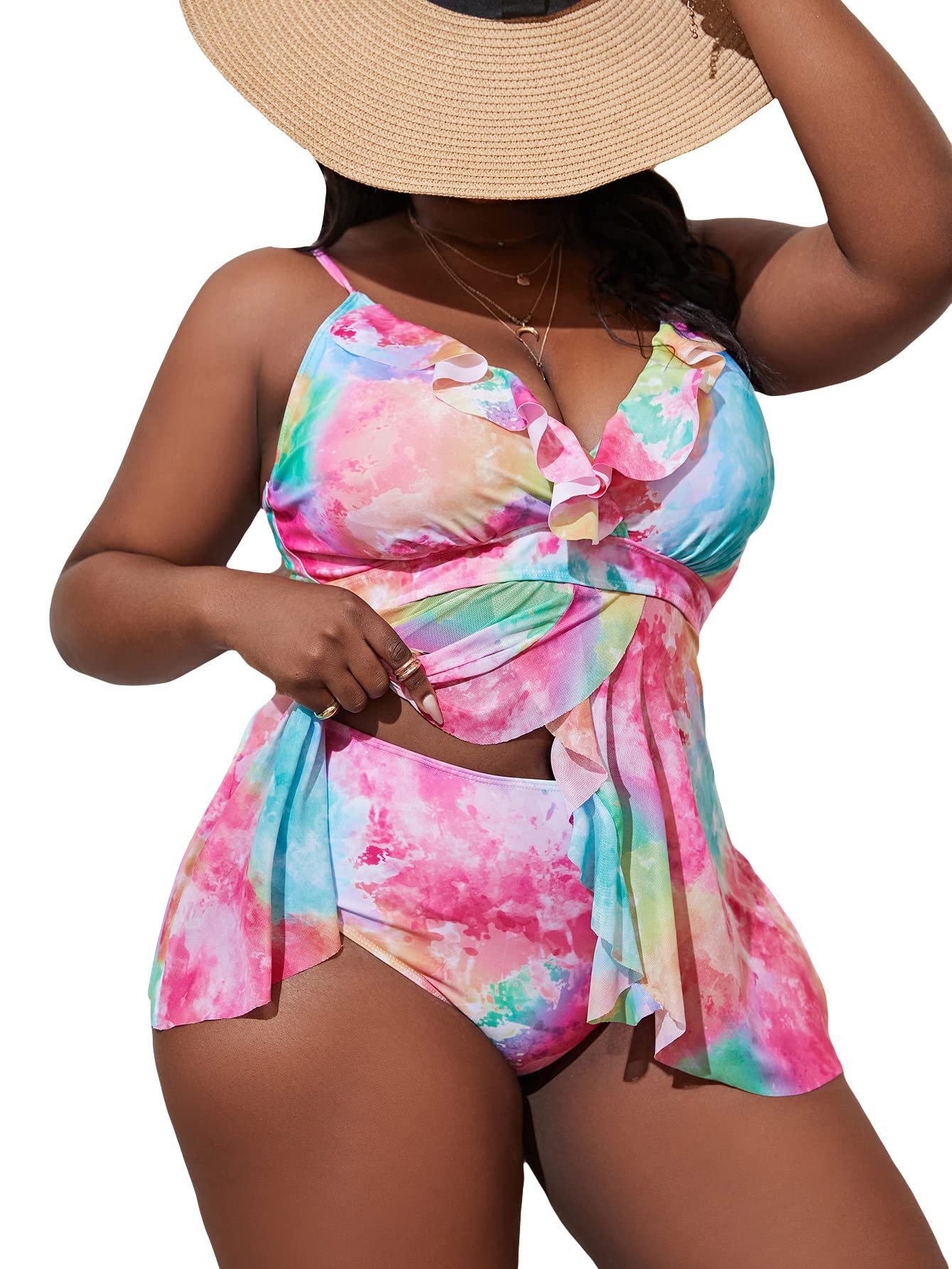 SOLY HUX Women's Tankini Set Plus Size Tie Dye Ruffle Trim Bikini Bathing Suits 2 Piece Swimsuit Multicoloured Tie Dye 2XL