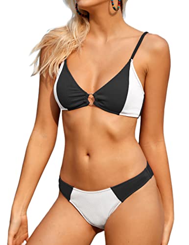 ZAFUL Bikini Sets for Womens Swimsuits Color Block O-Ring Bikini Two Piece Bathing Suits Thong Bikini Swimsuit (Black M)