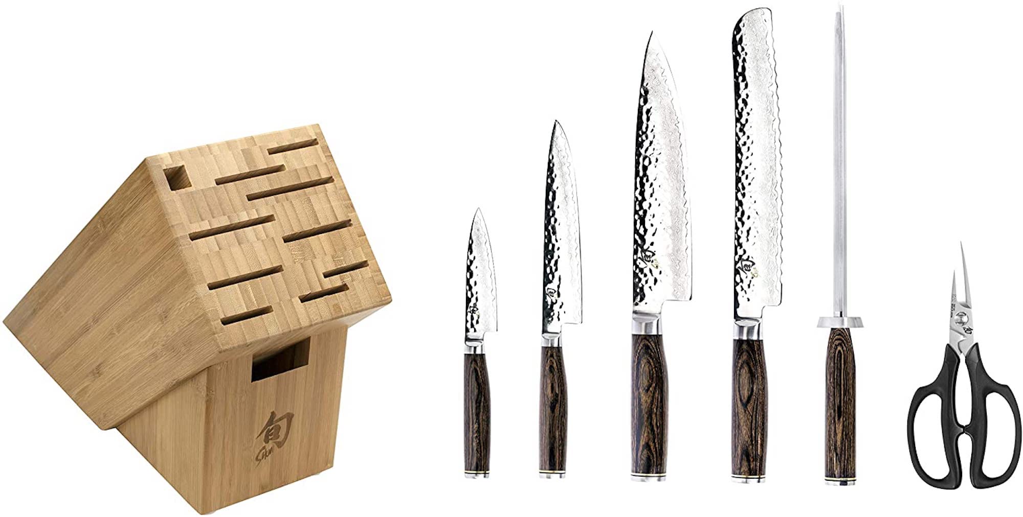Shun Cutlery Premier 7-Piece Essential Block Set, Kitchen Knife and Knife Block Set, Includes 8β Chef's Knife, 4β Paring Knife, 6.5β Utility Knife, & More, Handcrafted Japanese Kitchen Knives