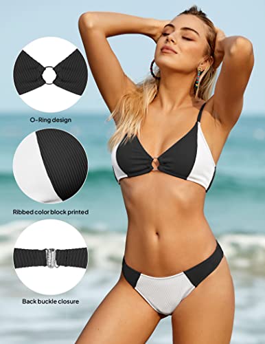 ZAFUL Bikini Sets for Womens Swimsuits Color Block O-Ring Bikini Two Piece Bathing Suits Thong Bikini Swimsuit (Black M)