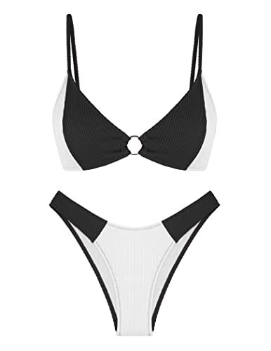 ZAFUL Bikini Sets for Womens Swimsuits Color Block O-Ring Bikini Two Piece Bathing Suits Thong Bikini Swimsuit (Black M)