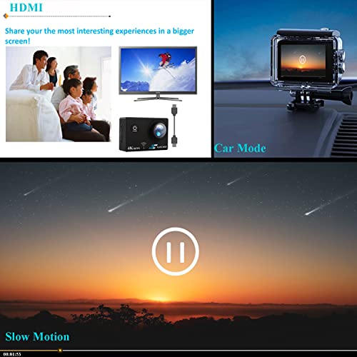 Xilecam 4K Action Camera, 4K/30FPS, WiFi Action Camera, Waterproof Camera Underwater 98ft,170 Degree Wide Angle Sports Camera,2*Battery and Multifunctional Accessories Package (4K30fps)
