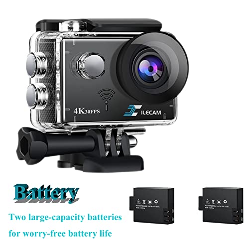 Xilecam 4K Action Camera, 4K/30FPS, WiFi Action Camera, Waterproof Camera Underwater 98ft,170 Degree Wide Angle Sports Camera,2*Battery and Multifunctional Accessories Package (4K30fps)