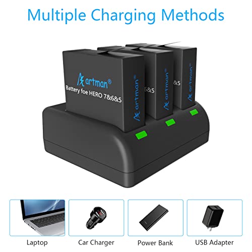 Artman Hero 7/6/5 Battery 1480mAh 3-Pack and 3-Channel LED USB Hero 7 Charger Compatible with Gopro Hero 7 Black,Hero 6 Black,Hero 5 Black,Hero 2018(Not for Silver or White)