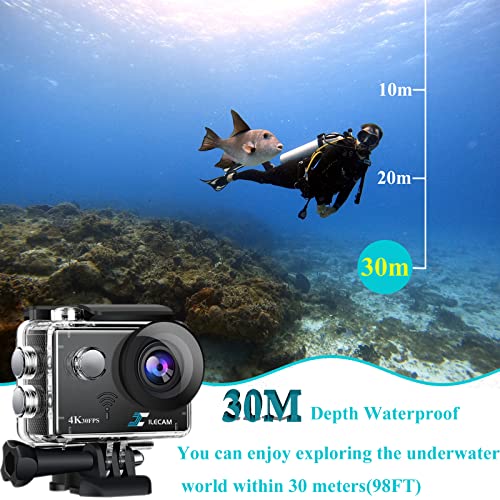 Xilecam 4K Action Camera, 4K/30FPS, WiFi Action Camera, Waterproof Camera Underwater 98ft,170 Degree Wide Angle Sports Camera,2*Battery and Multifunctional Accessories Package (4K30fps)