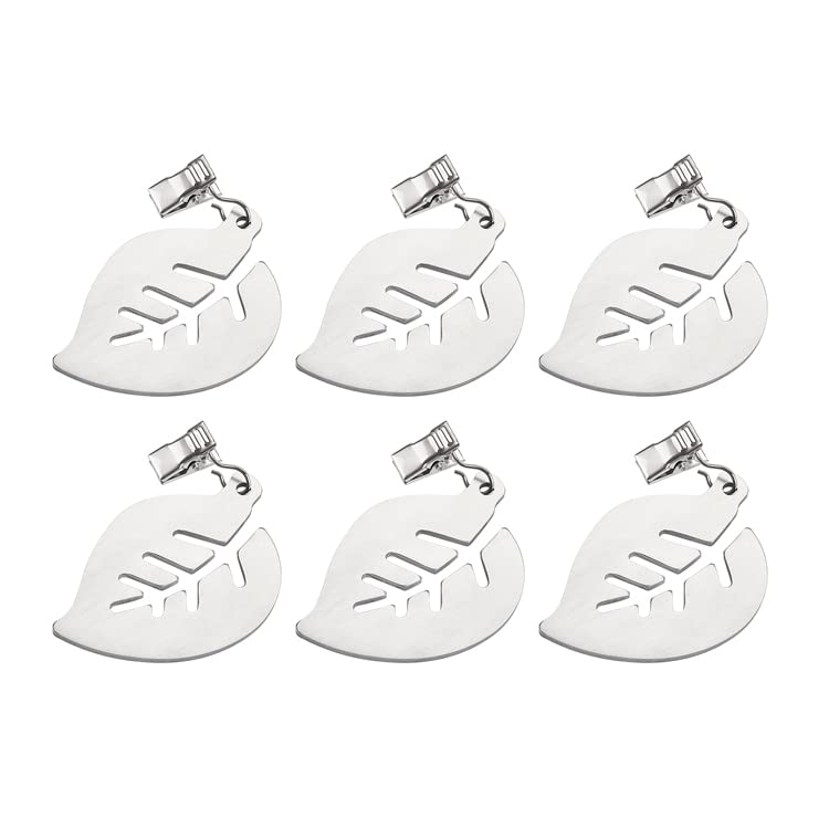 Metal Tablecloth Weights Outdoor Picnic Table Cloth Cover Weighted Clips Vintage Decorative Heavy Duty Stainless Steel Holders Camper Tablecloth Clip Weights for Garden Patio Camping (6, Silver Leaf)