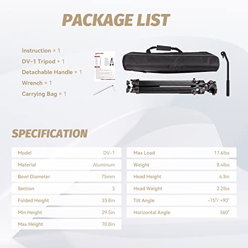 【2023 Upgrade】 RAUBAY 70.8" Professional Heavy Duty Video Camera Tripod with Fluid Head, QR Plate for DSLR Camcorder, Max Loading 17.6lbs, Aluminum Twin Tube Leg with Metal Mid-Level Spreader DV-1 PRO
