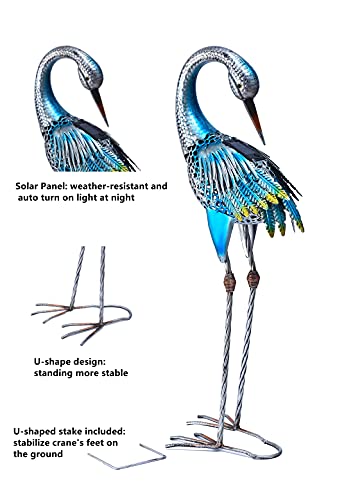 TOMBABY Solar Metal Garden Preening Crane Statue Metal Heron Outdoor Decor, Yard Art Bird Decoy for Backyard Pond