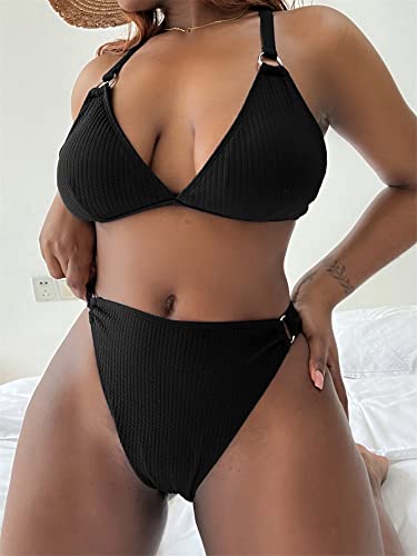 Floerns Women's Plus Size V Neck Triangle Bikini Set Ribbed 2 Piece Bathing Suit Black 2XL