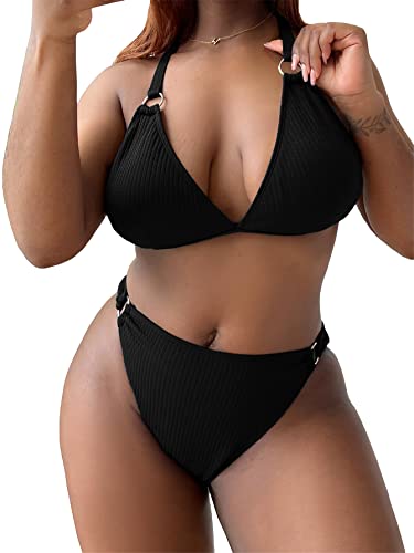 Floerns Women's Plus Size V Neck Triangle Bikini Set Ribbed 2 Piece Bathing Suit Black 2XL