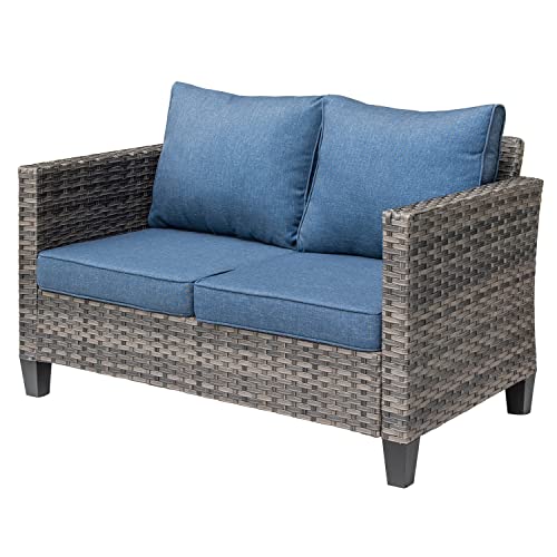 ovios Patio Sofa Outdoor Furniture Modern Wicker Sofa All Weather Garden Loveseat Couch Porch Sofa for Yard, Backyard (Denim Blue)