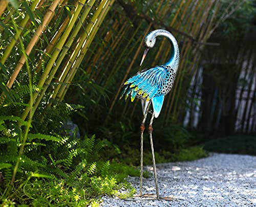 TOMBABY Solar Metal Garden Preening Crane Statue Metal Heron Outdoor Decor, Yard Art Bird Decoy for Backyard Pond
