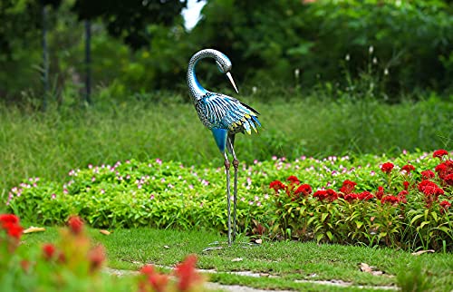 TOMBABY Solar Metal Garden Preening Crane Statue Metal Heron Outdoor Decor, Yard Art Bird Decoy for Backyard Pond