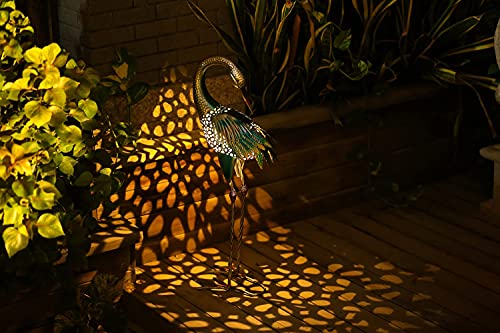 TOMBABY Solar Metal Garden Preening Crane Statue Metal Heron Outdoor Decor, Yard Art Bird Decoy for Backyard Pond
